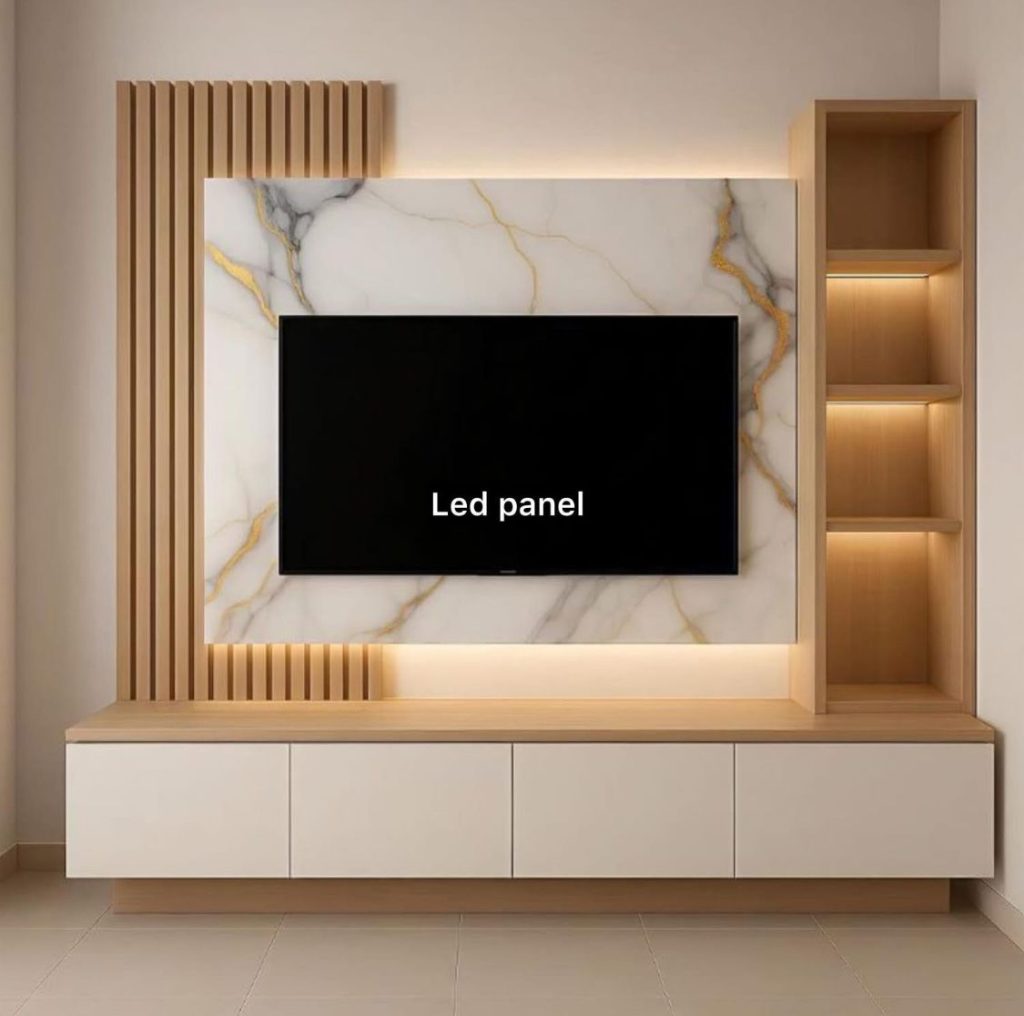 Modern TV Unit with Marble Backdrop & LED Panel - Swiss Star Furniture