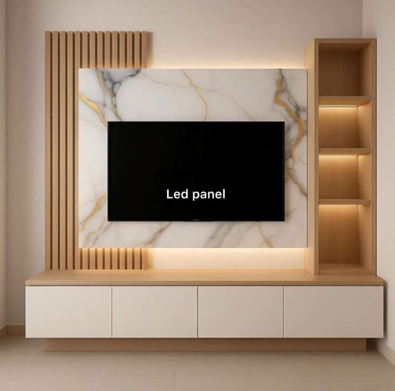 Modern TV Unit with Marble Backdrop & LED Panel - Swiss Star Furniture